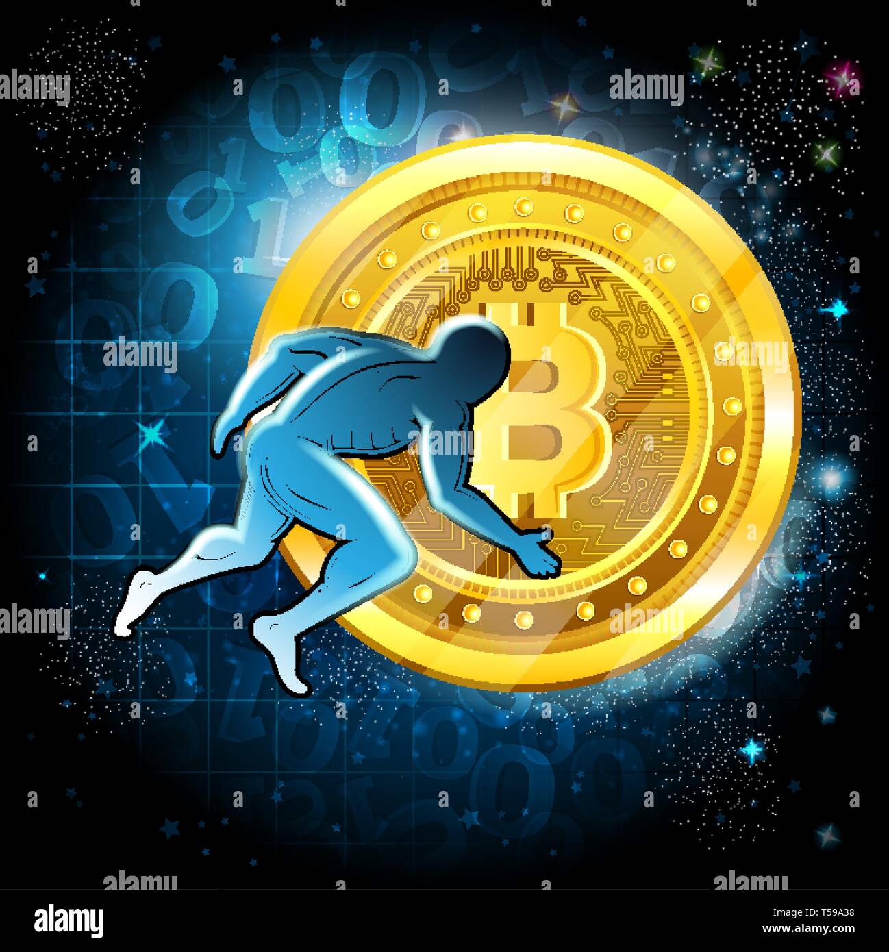 Abstract Man Push Golden Bit Coin In The Center With Binary Code On
