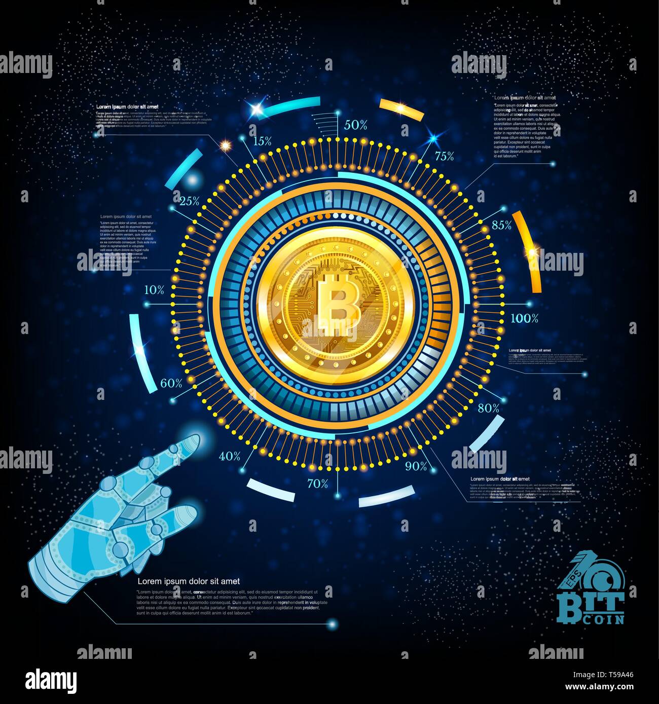 Business background on blue with golden bit coin in center of round hightech futuristic info ...