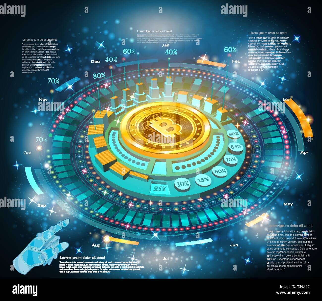 Business background with golden bit coin in center of round hightech futuristic info graphic and ...