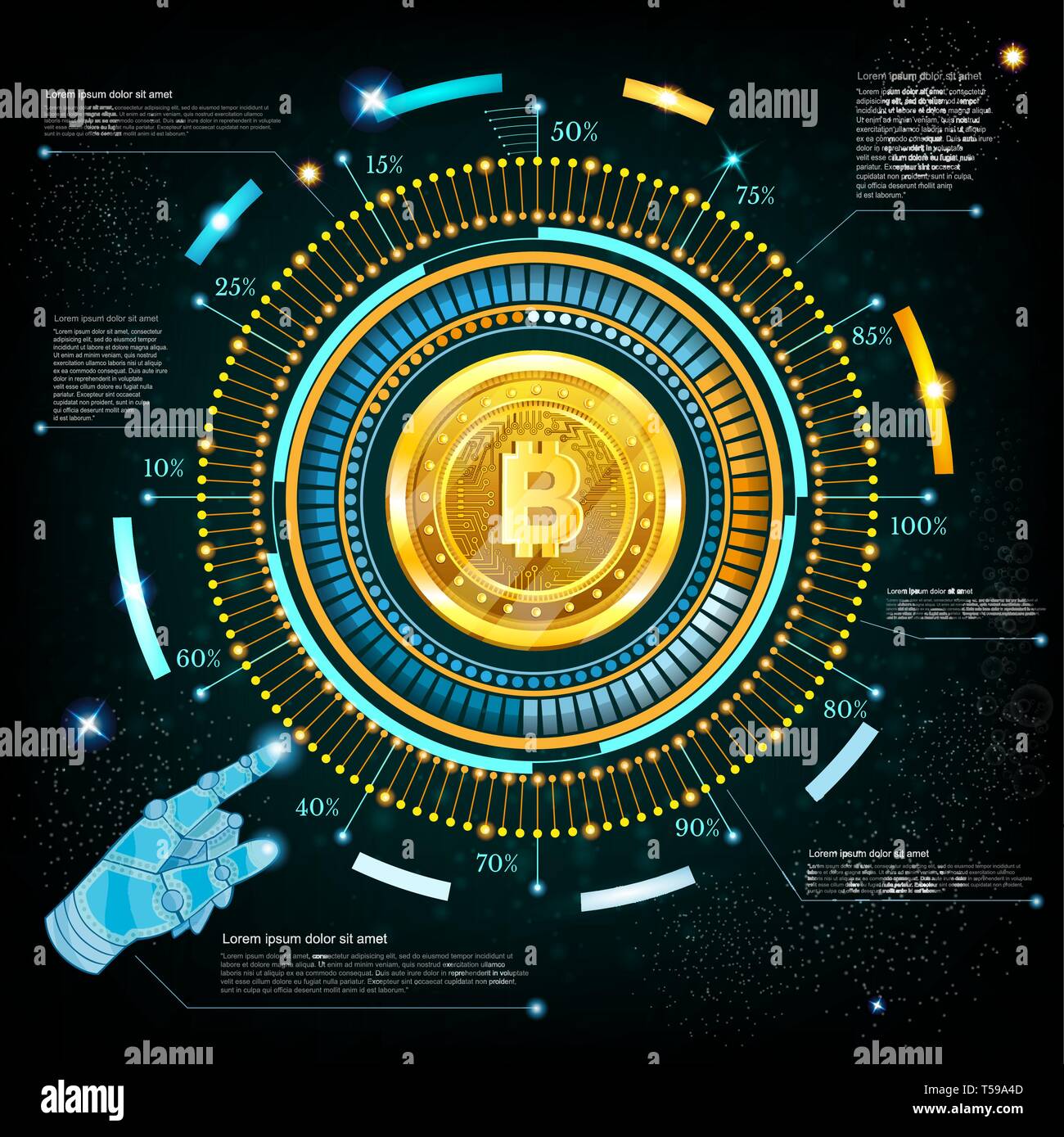 Business background with golden bit coin in center of round hightech futuristic info graphic and ...