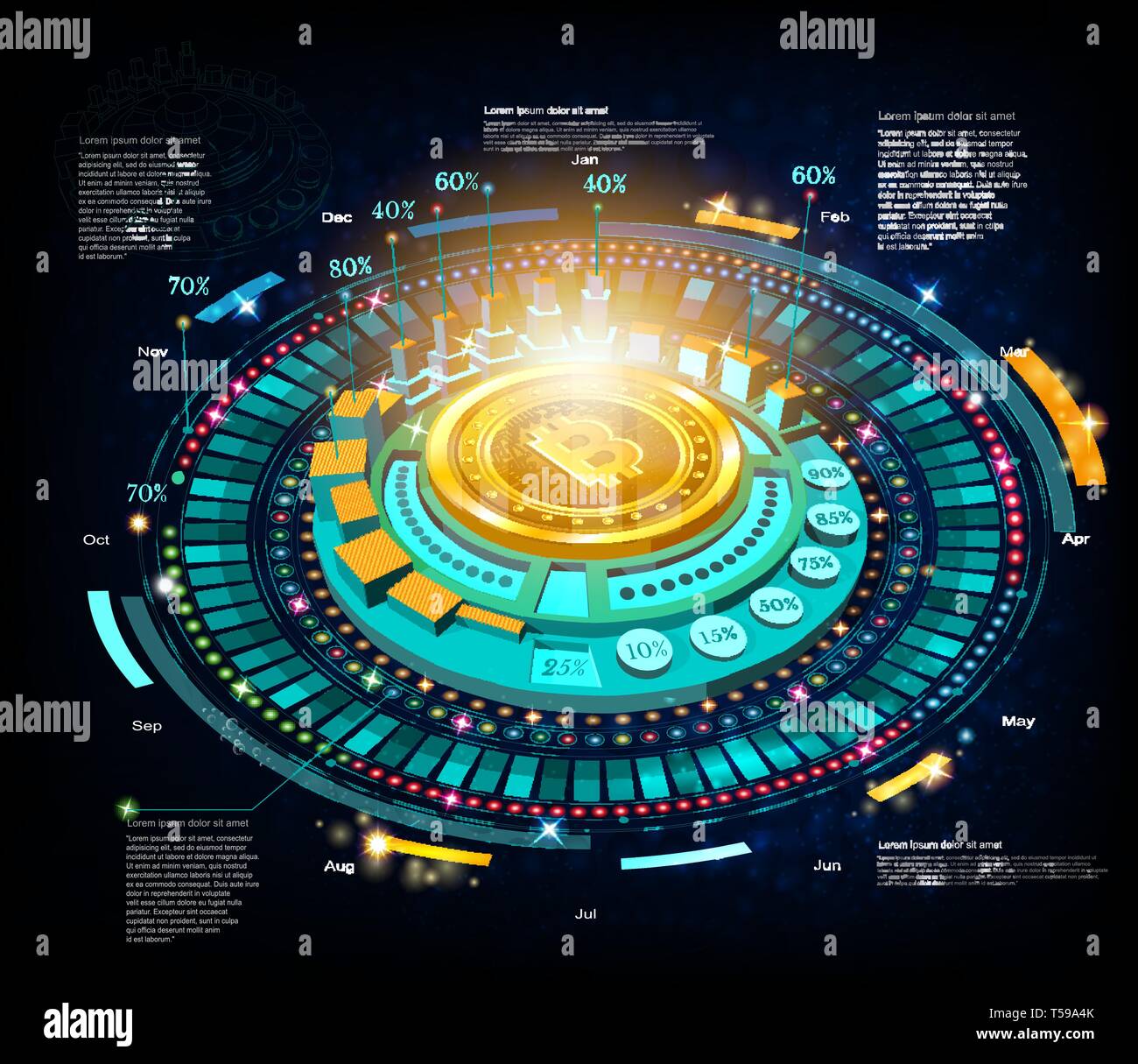 Business background with golden bit coin in center of round hightech ...