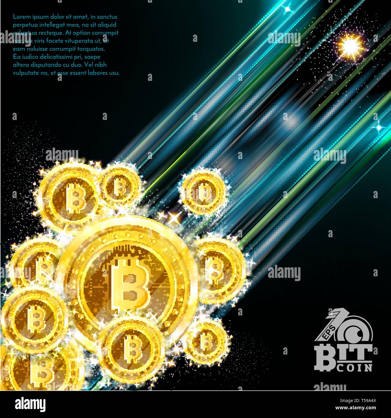 Dark background with bit coins flying with speed of light and motion ...
