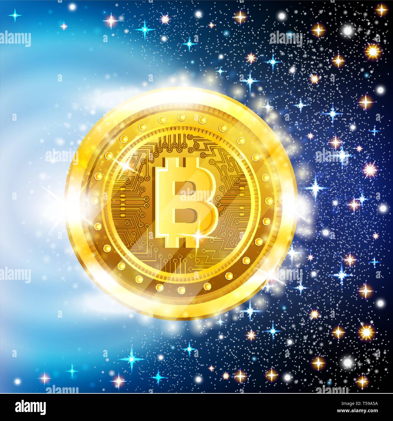 Golden bit coin flying in space starry sky background Stock Vector ...