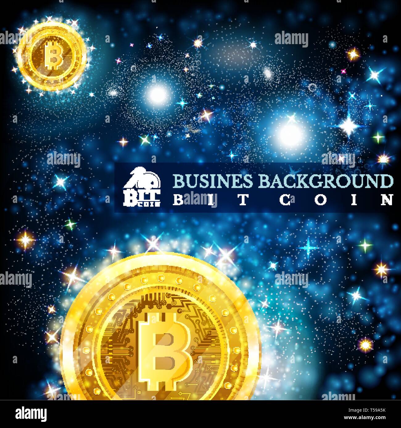 Golden bit coin in space in starry sky blue background Stock Vector ...