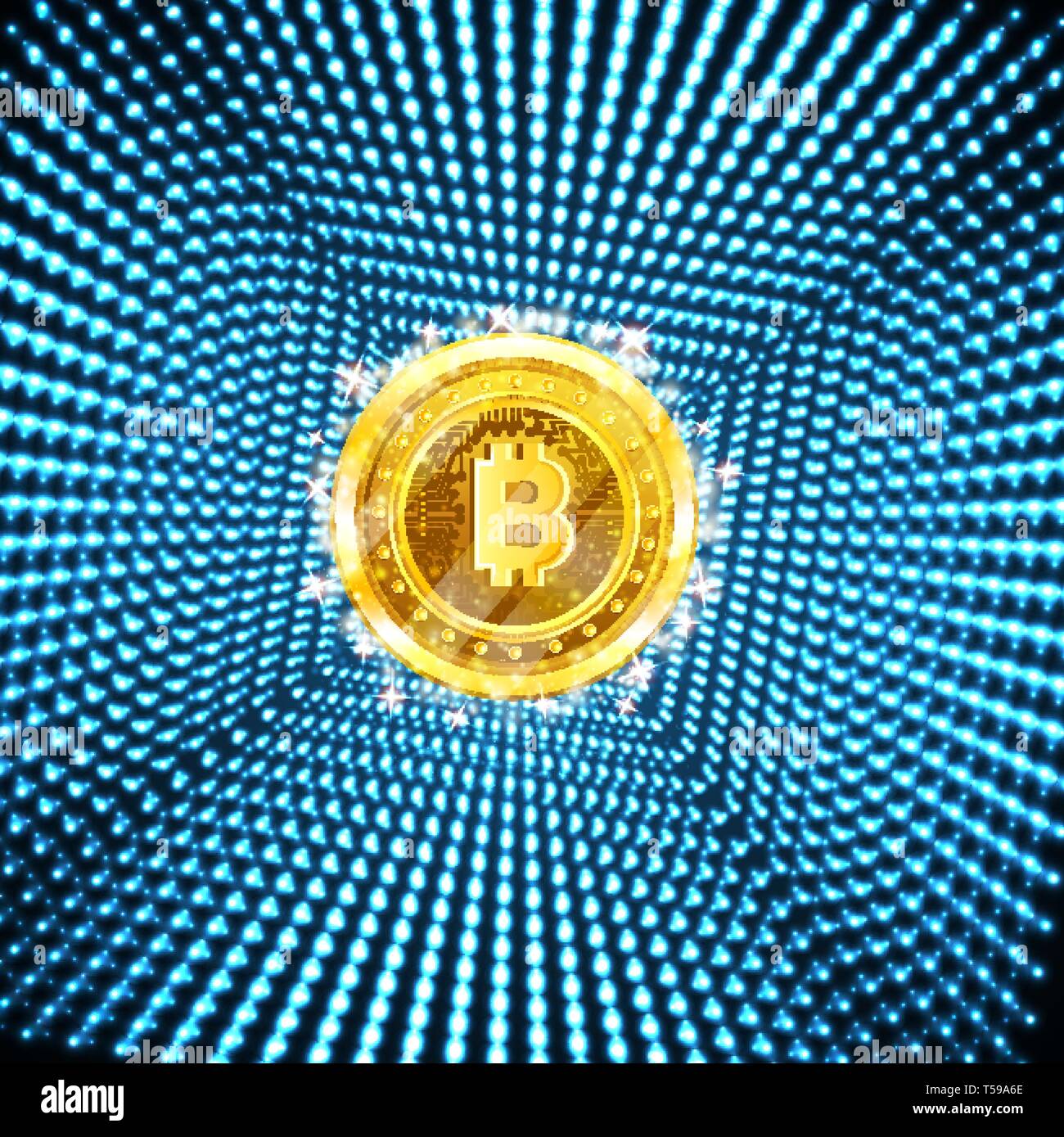 Golden bit coin in the center of blue tunnel from shiny dots Stock Vector Image & Art - Alamy