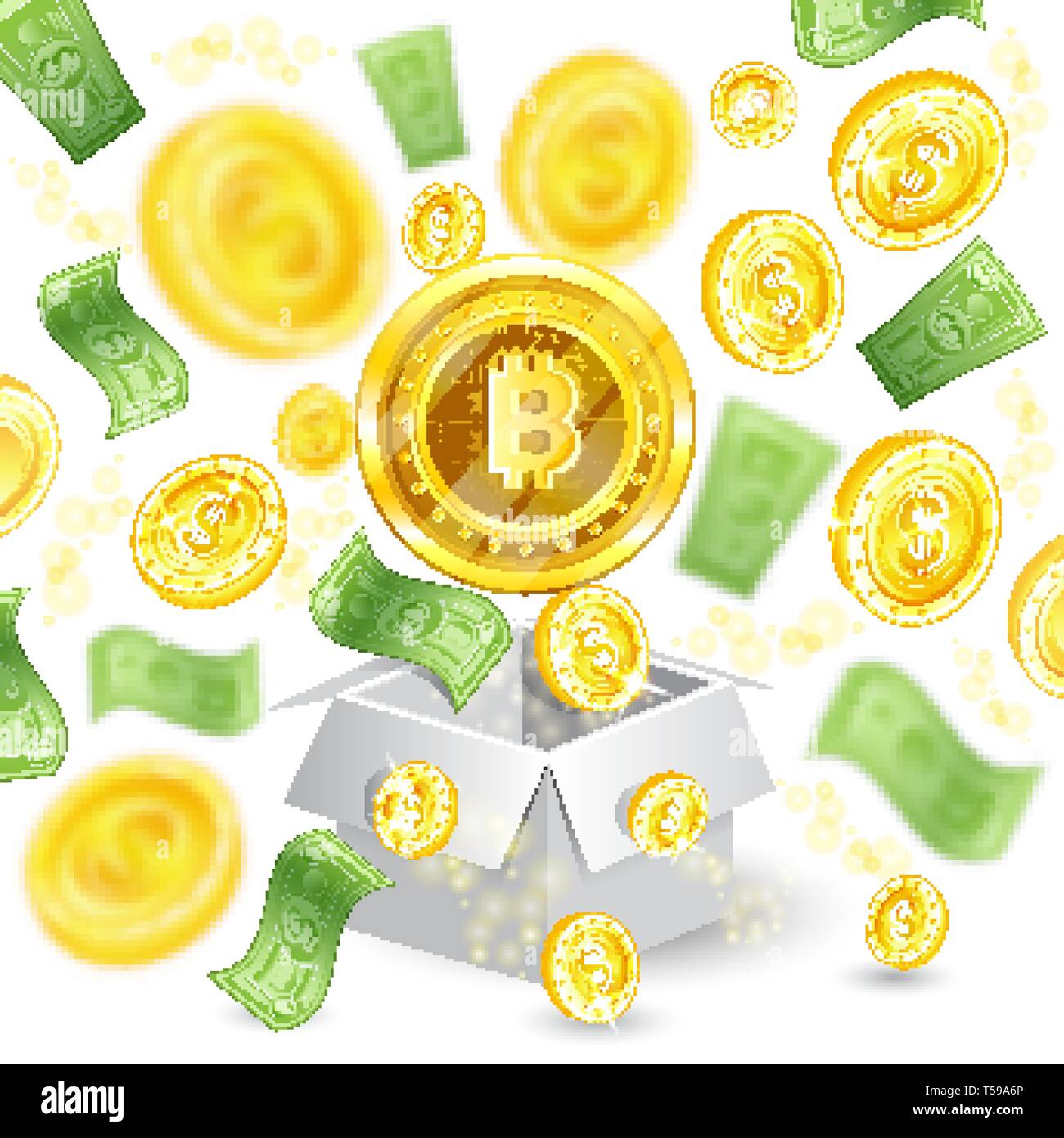 Golden bit coin in the center of flying coins and bamknotes from box ...