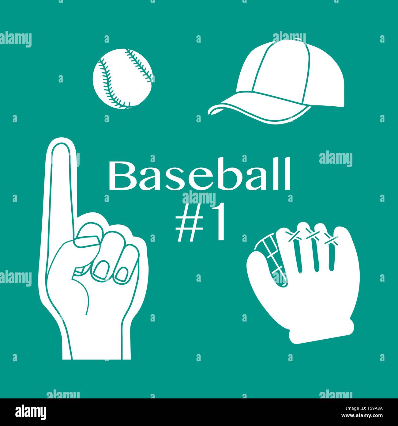 Vector illustration with baseball foam finger, ball, cap, glove. Sports ...