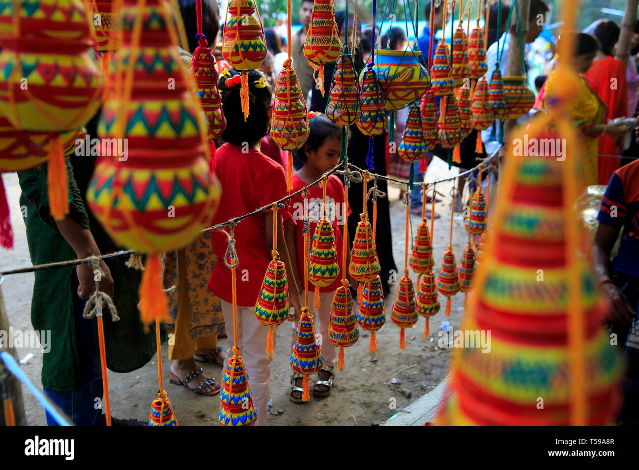 Potteries are displayed at a stall in the Boishakhi Mela on Bangla ...