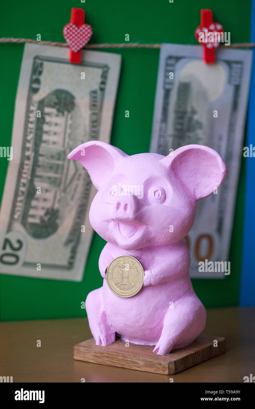 Pink Pig holding hryvna coin. Pig with hryvna coin against the ...