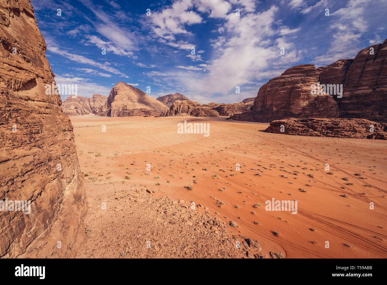Red sands in Wadi Rum valley also called Valley of the Moon in Jordan ...