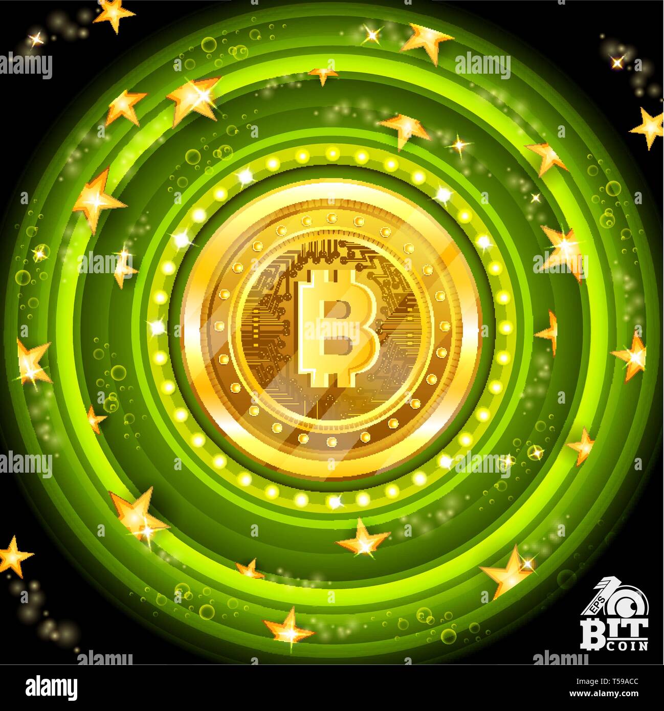 Golden bit coin in the center of green round frames with stars Stock Vector Image & Art - Alamy