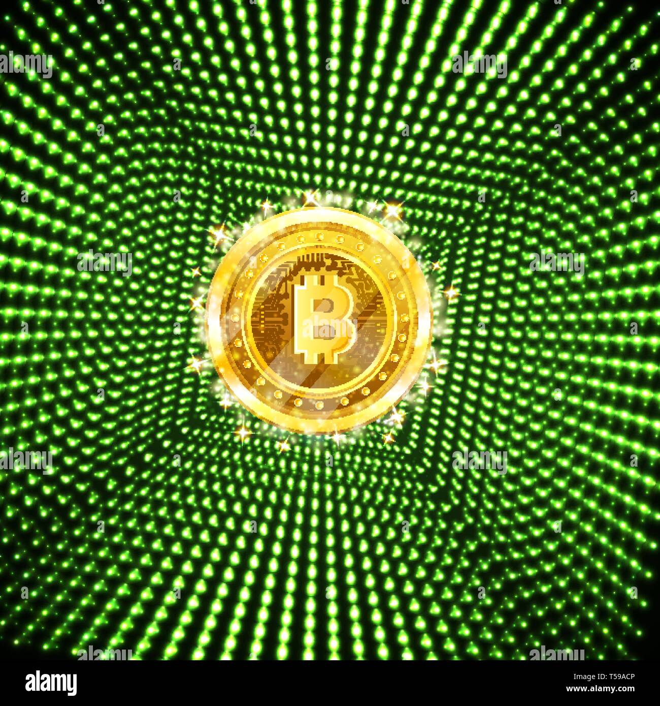 Golden bit coin in the center of green square tunnel from shiny dots ...