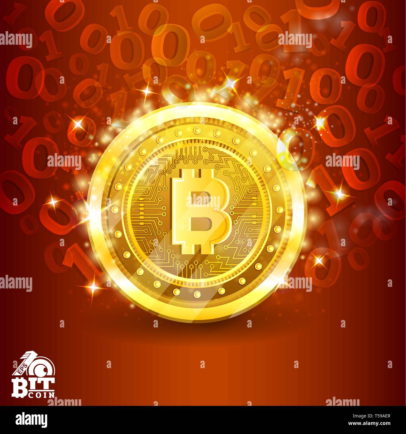 Golden bit coin in the center of red background with binary code. Abstract vector glossy ...