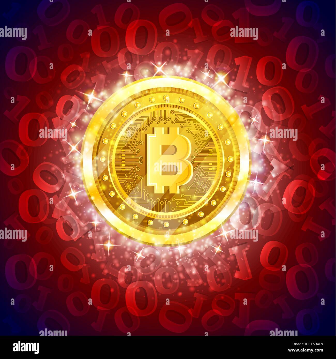 Golden Bit Coin In The Center Of Red Background With Binary Code Stock
