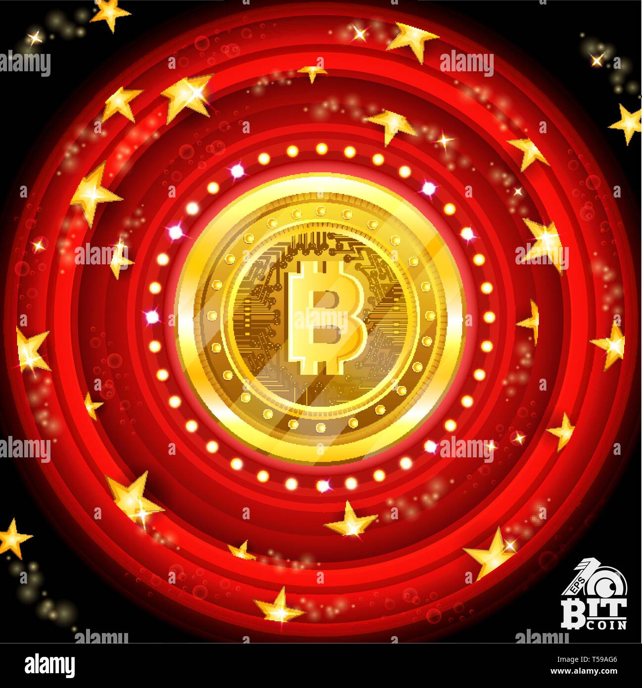 Golden bit coin in the center of red round tunnel with stars Stock Vector Image & Art - Alamy