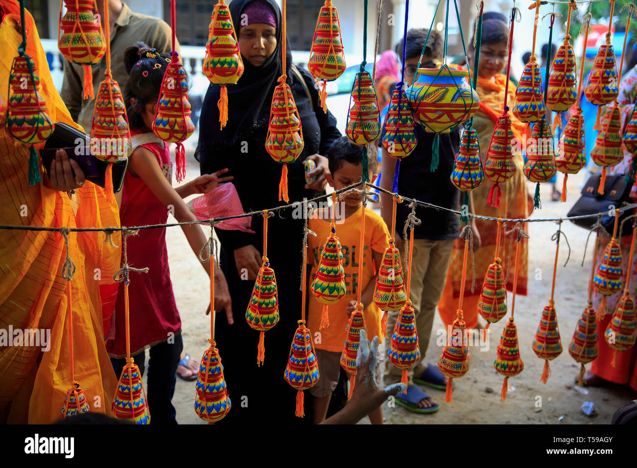 Potteries are displayed at a stall in the Boishakhi Mela on Bangla ...