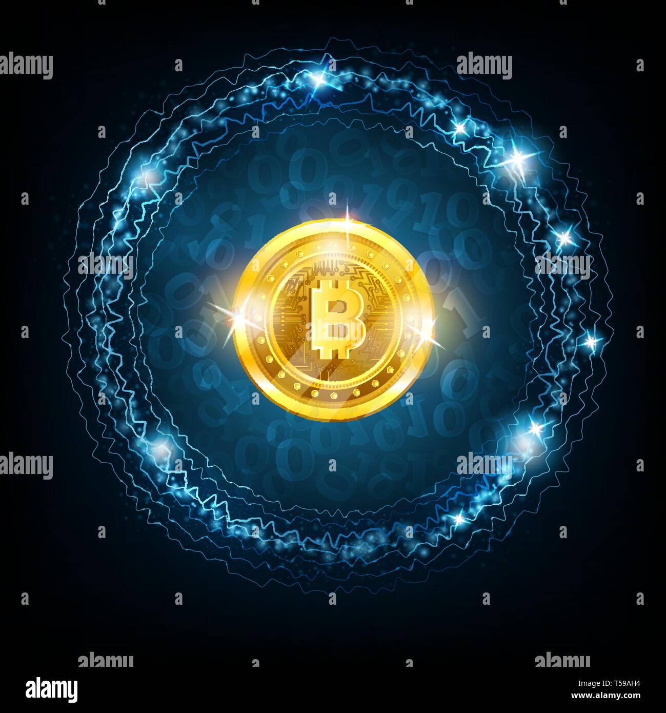 Golden bit coin in the center of round sphere with binary code on dark blue Stock Vector Image ...