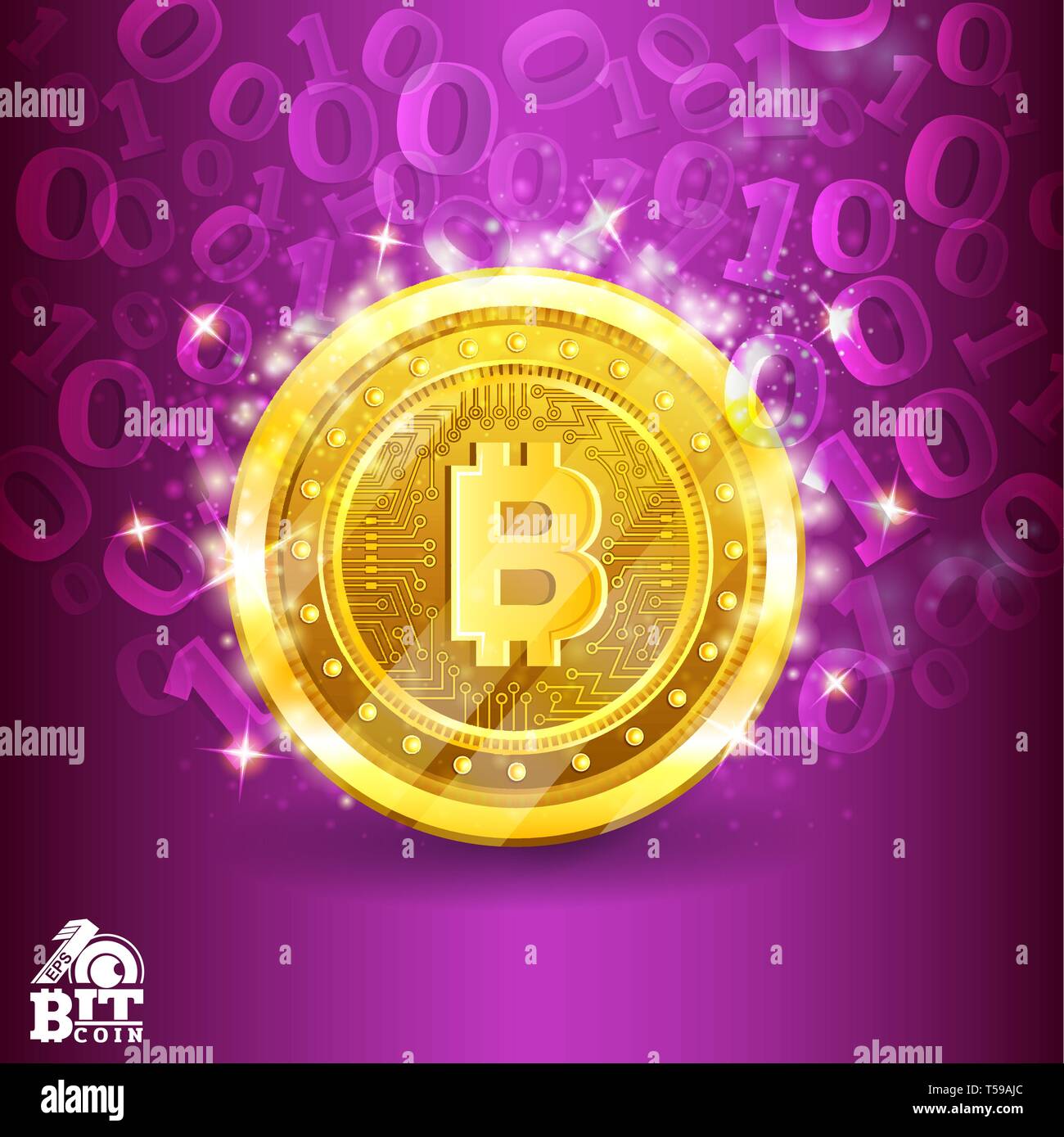 Golden bit coin in the center of violet background with binary code ...