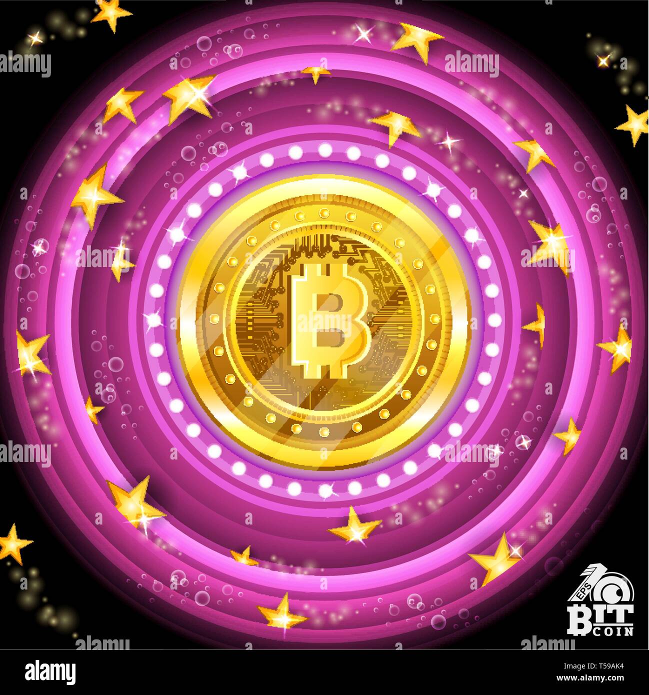 Golden bit coin in the center of violetround tunnel with stars Stock Vector Image & Art - Alamy