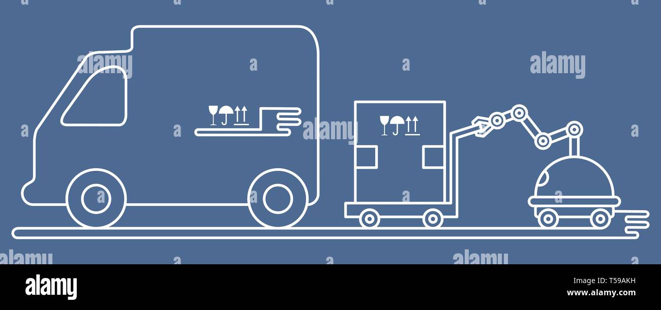 Vector illustration with robot loader loads boxes into a truck ...