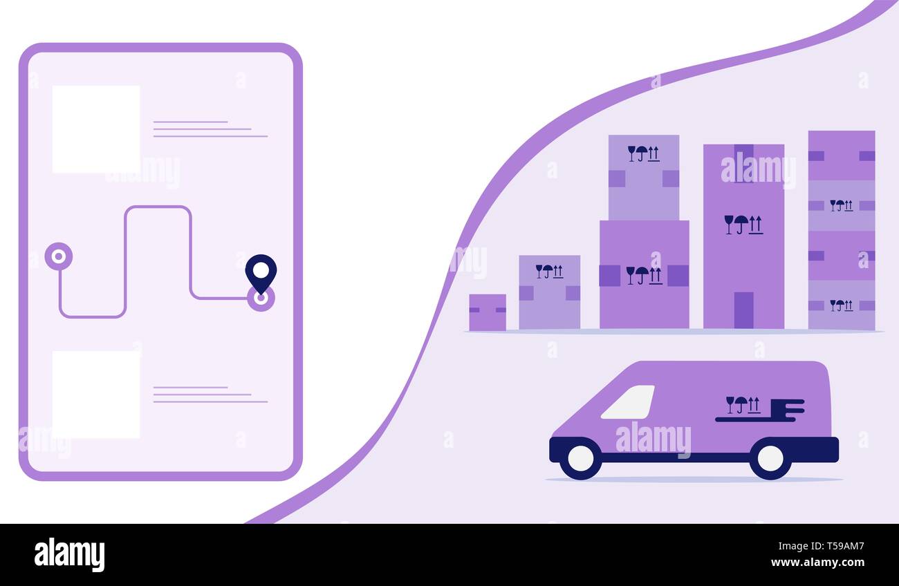 Vector illustration with order goods online. Warehouse, delivery. Cargo ...