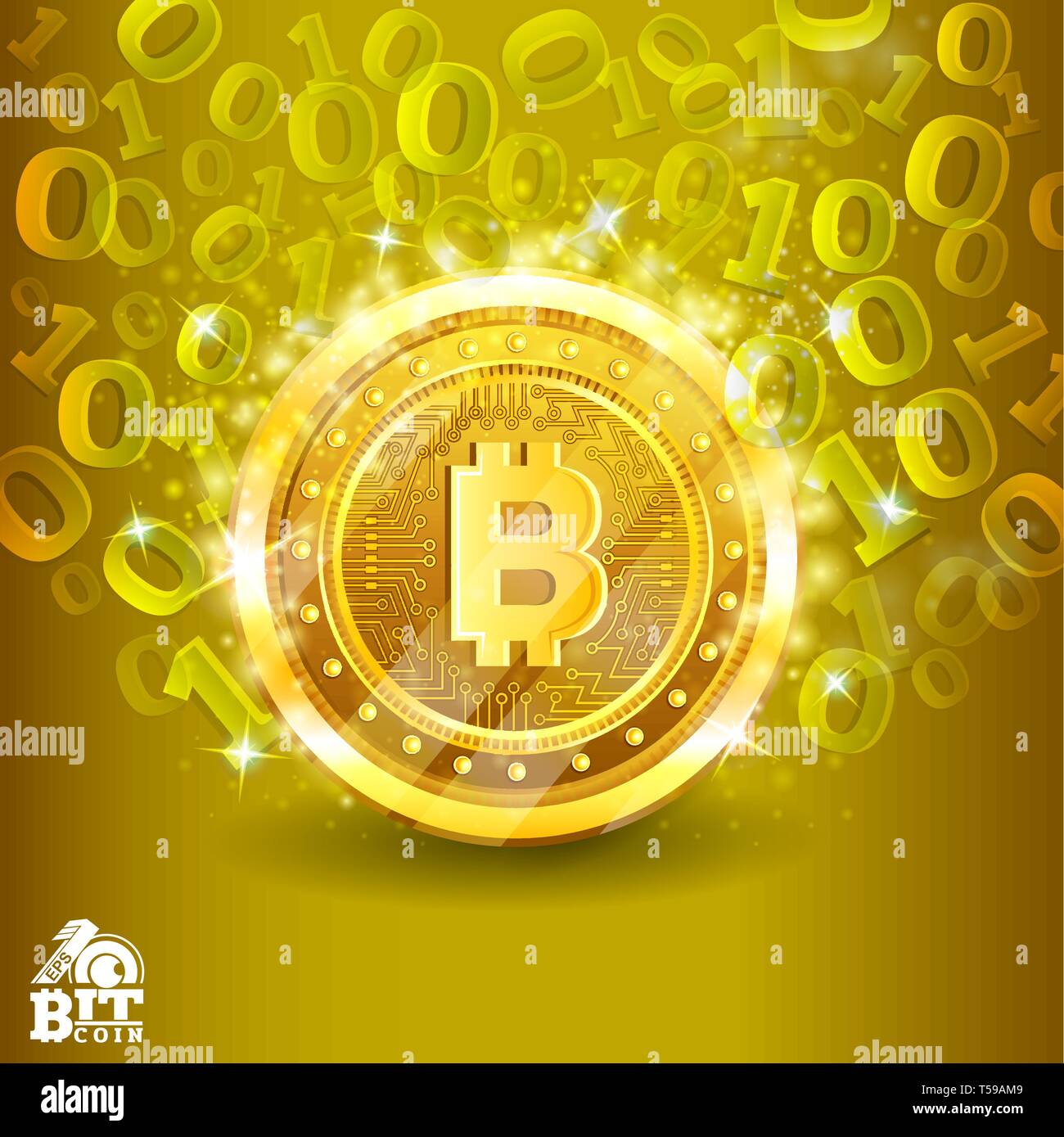 Golden Bit Coin In The Center Of Yellow Background With Binary Code