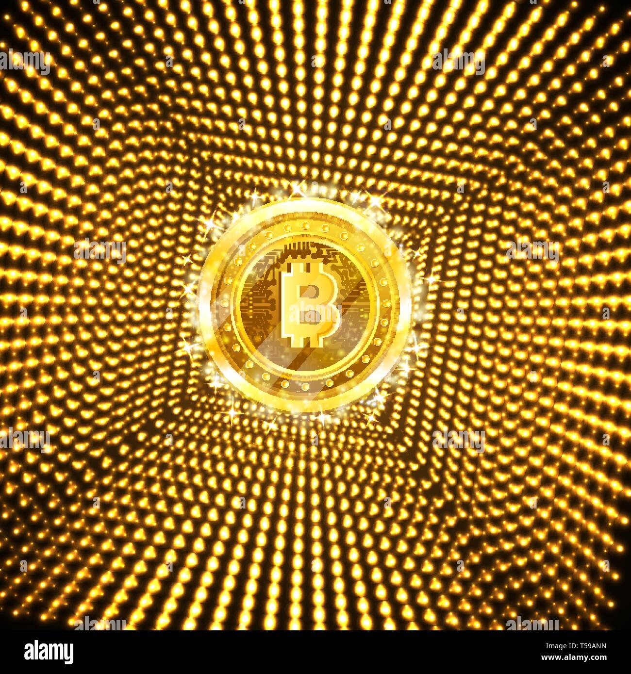 Golden bit coin in the center of yellow tunnel from shiny dots Stock Vector Image & Art - Alamy