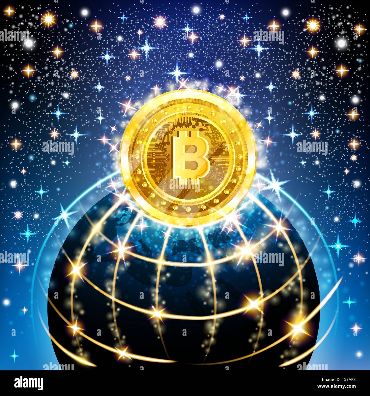 Golden bit coin with Earth in space in starry sky background Stock ...