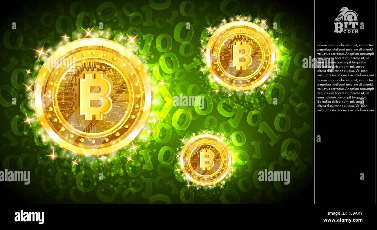 Golden bit coins flying on green horizontal background with binary code ...