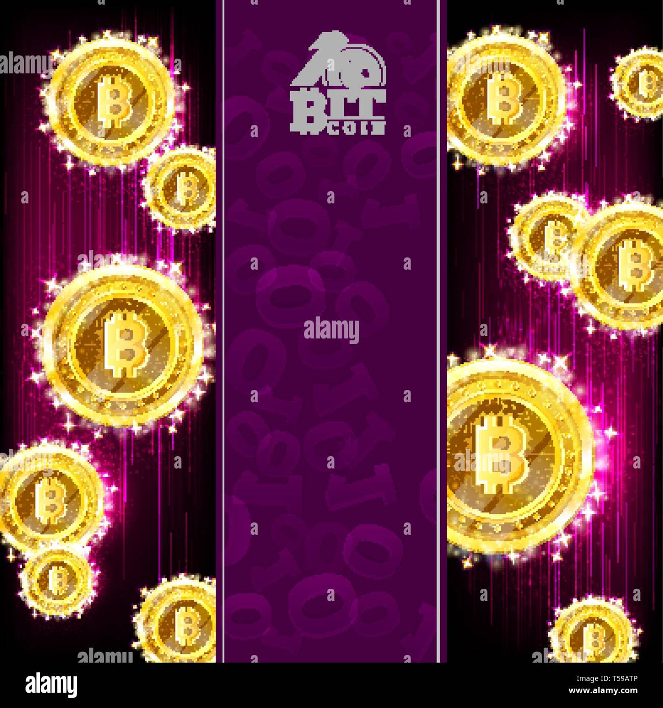 Golden bit coins flying with light and sparkles on purple background ...