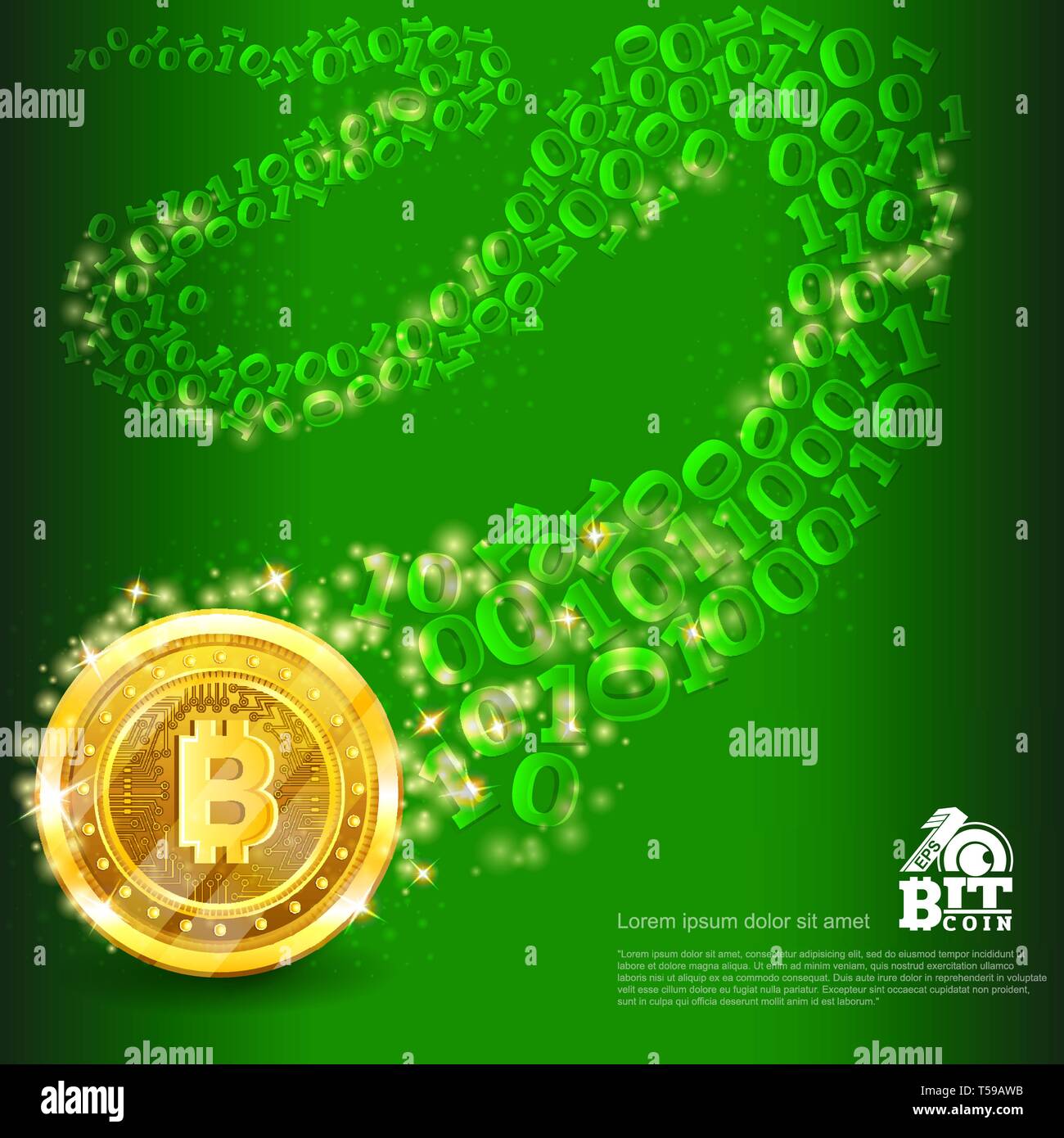 Golden bitcoin with binary code trail on green. Abstract vector glossy ...