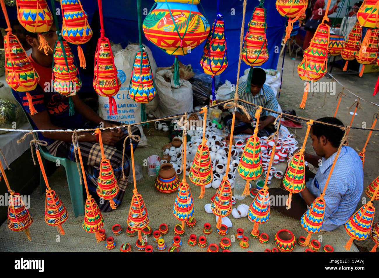 Potteries are displayed at a stall in the Boishakhi Mela on Bangla ...