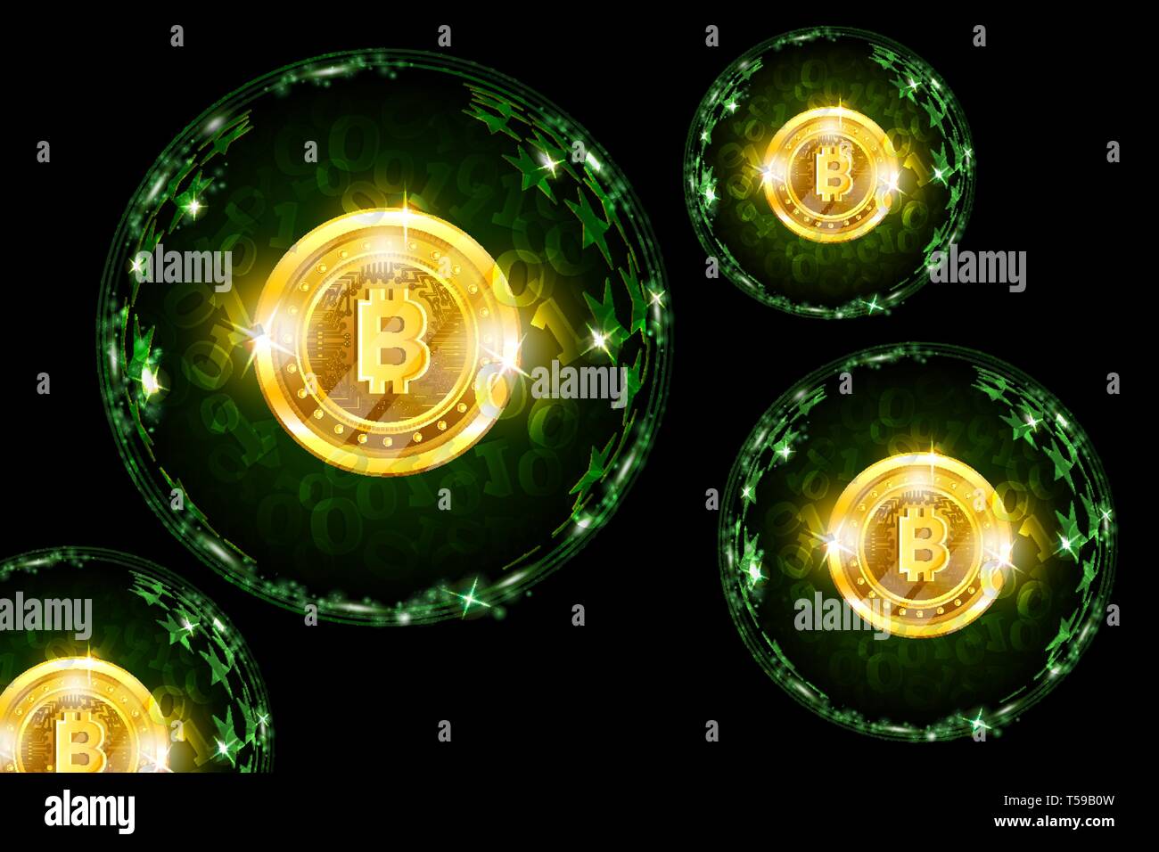 Group Of Round Spheres With Binary Code And Golden Bit Coin In The