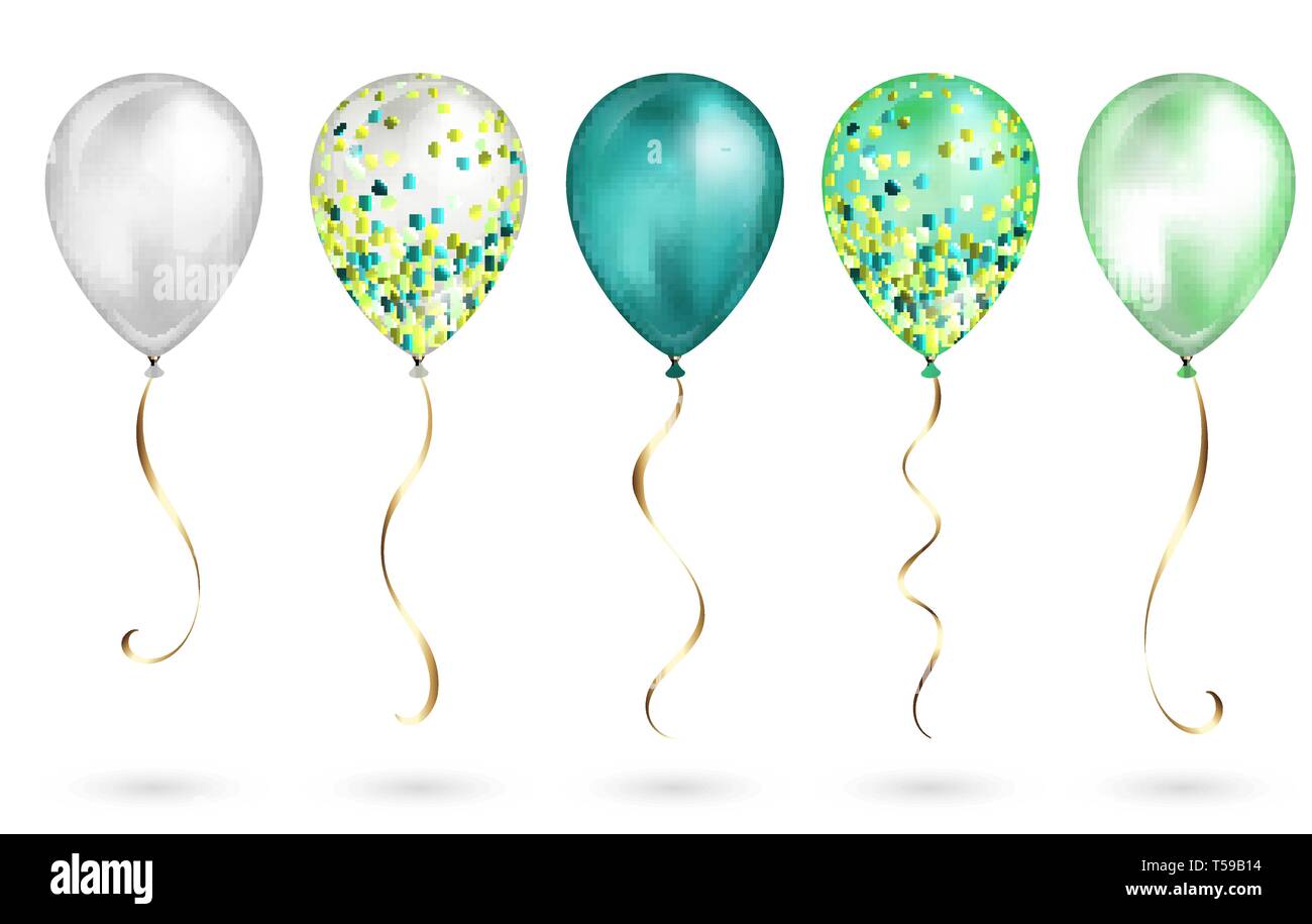 Set of 5 shiny realistic 3D teal helium balloons for your design ...