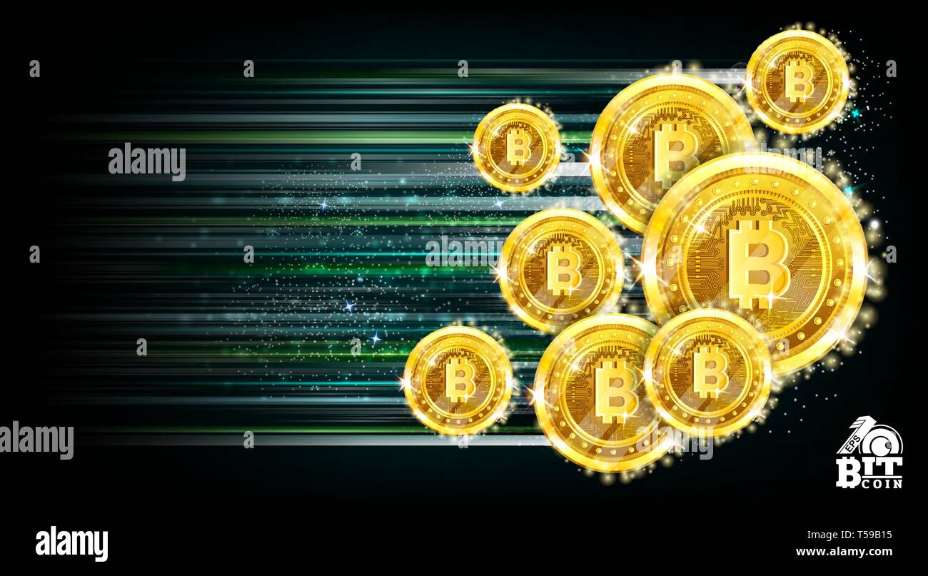 Horizontal background with bit coins flying with speed of light and ...