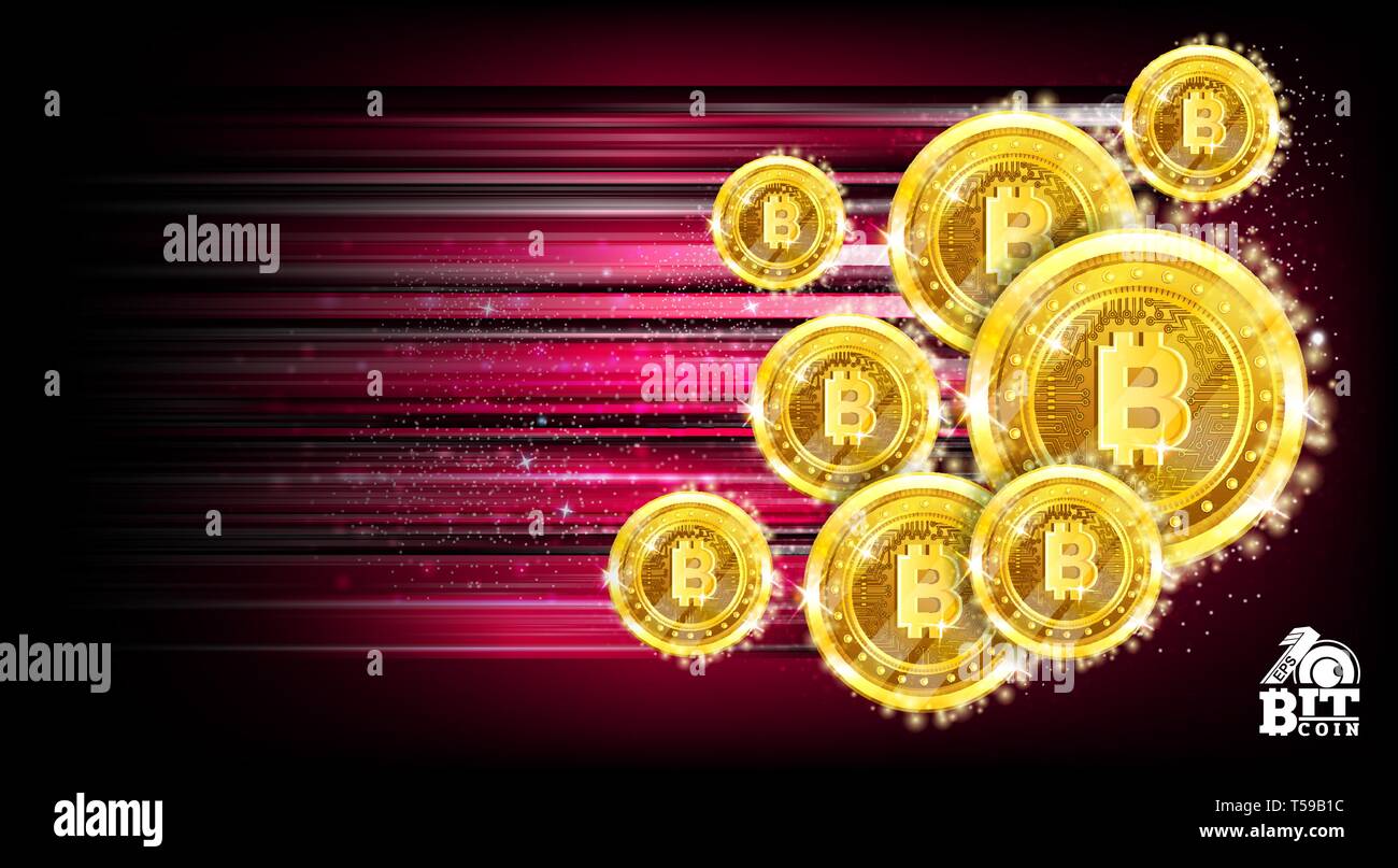 Horizontal red background with bit coins flying with speed of light and ...