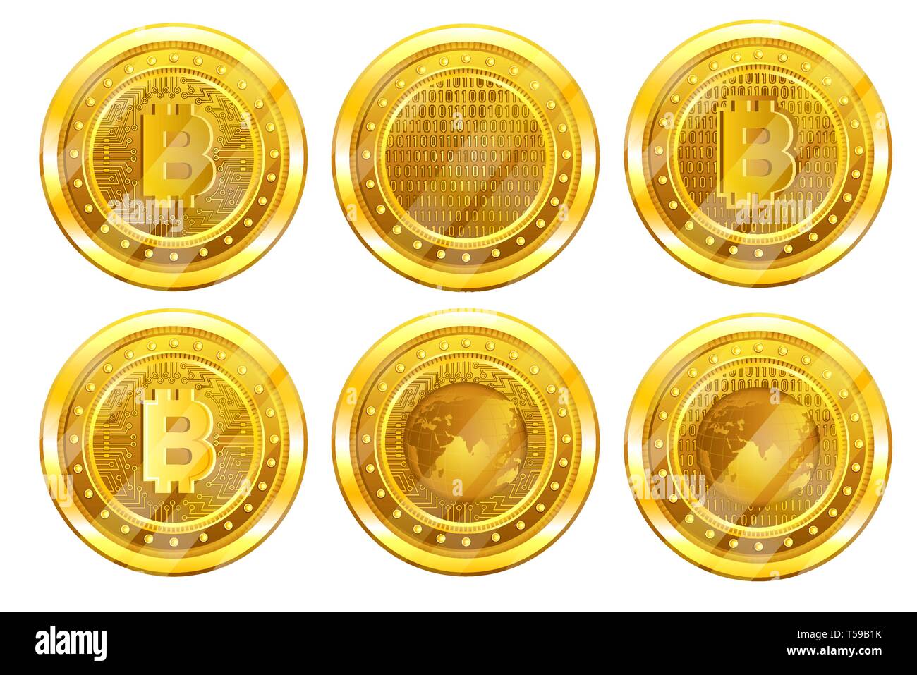 Set golden coin with bitcoin sign back and front side. Vector ...