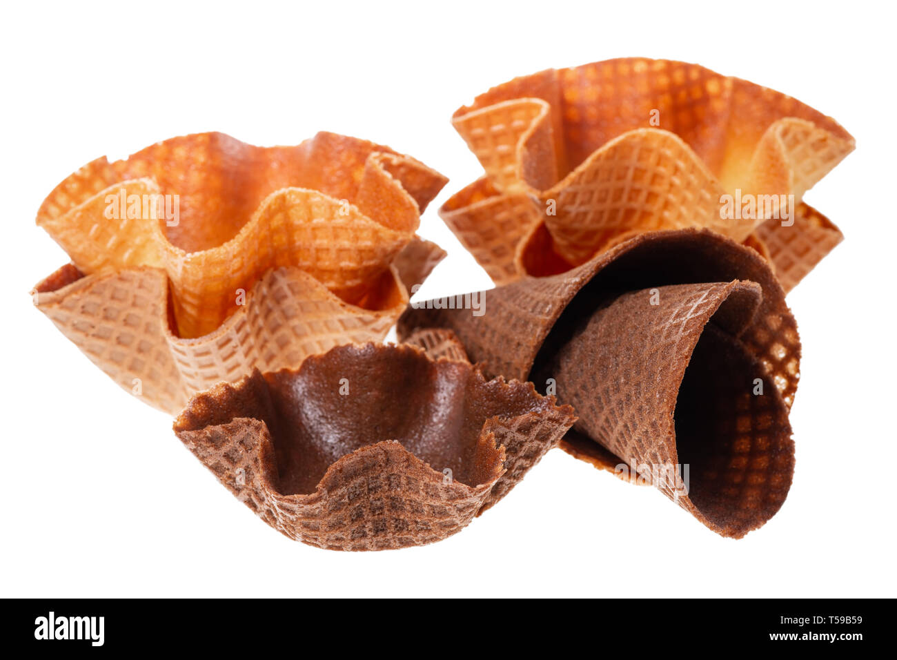 chocolate and golden empty waffle cone bowls is isolated on white ...