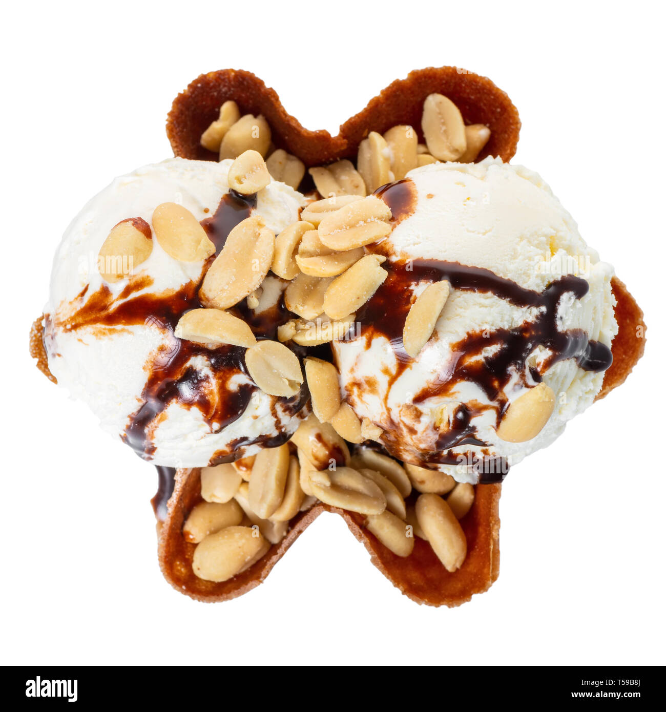 top view of scoops vanilla ice cream decorated chocolate topping and ...