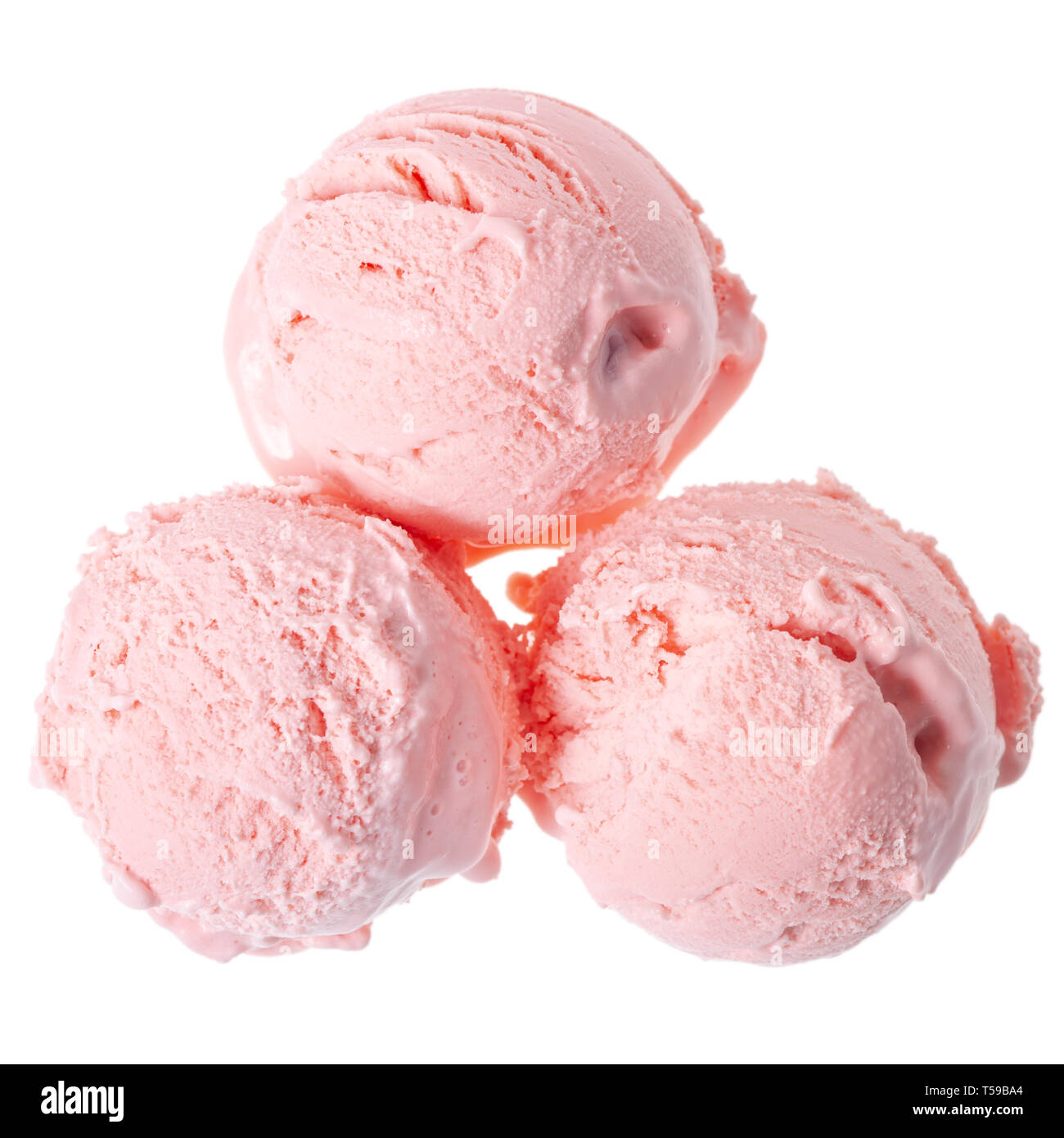 top view of three pink berry scoop of sundae ice cream isolated on ...