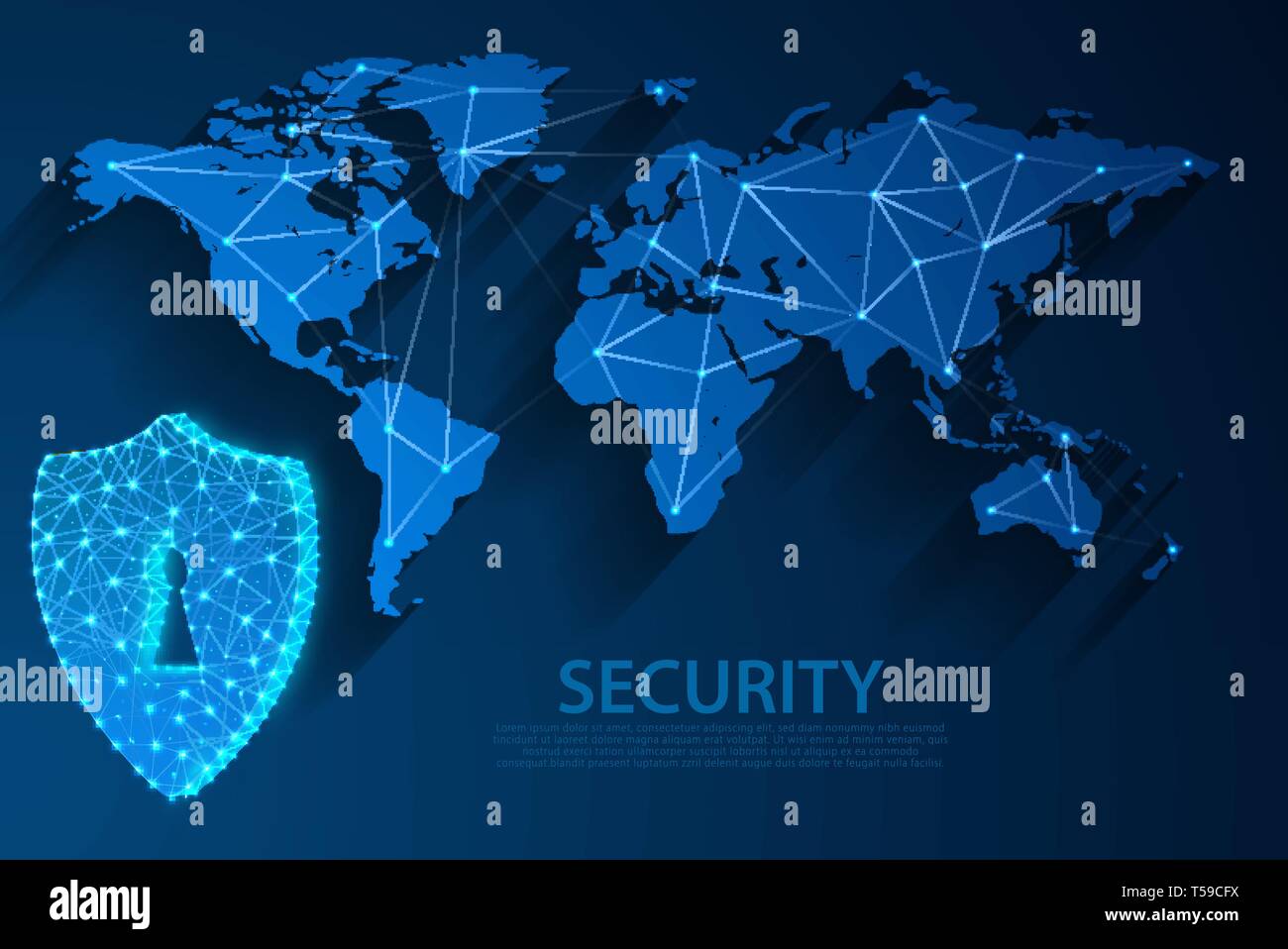 Security icon and network technology blue background with world map ...