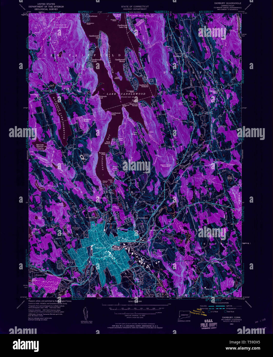 USGS TOPO Map Connecticut CT Danbury 330516 1953 24000 Inverted ...