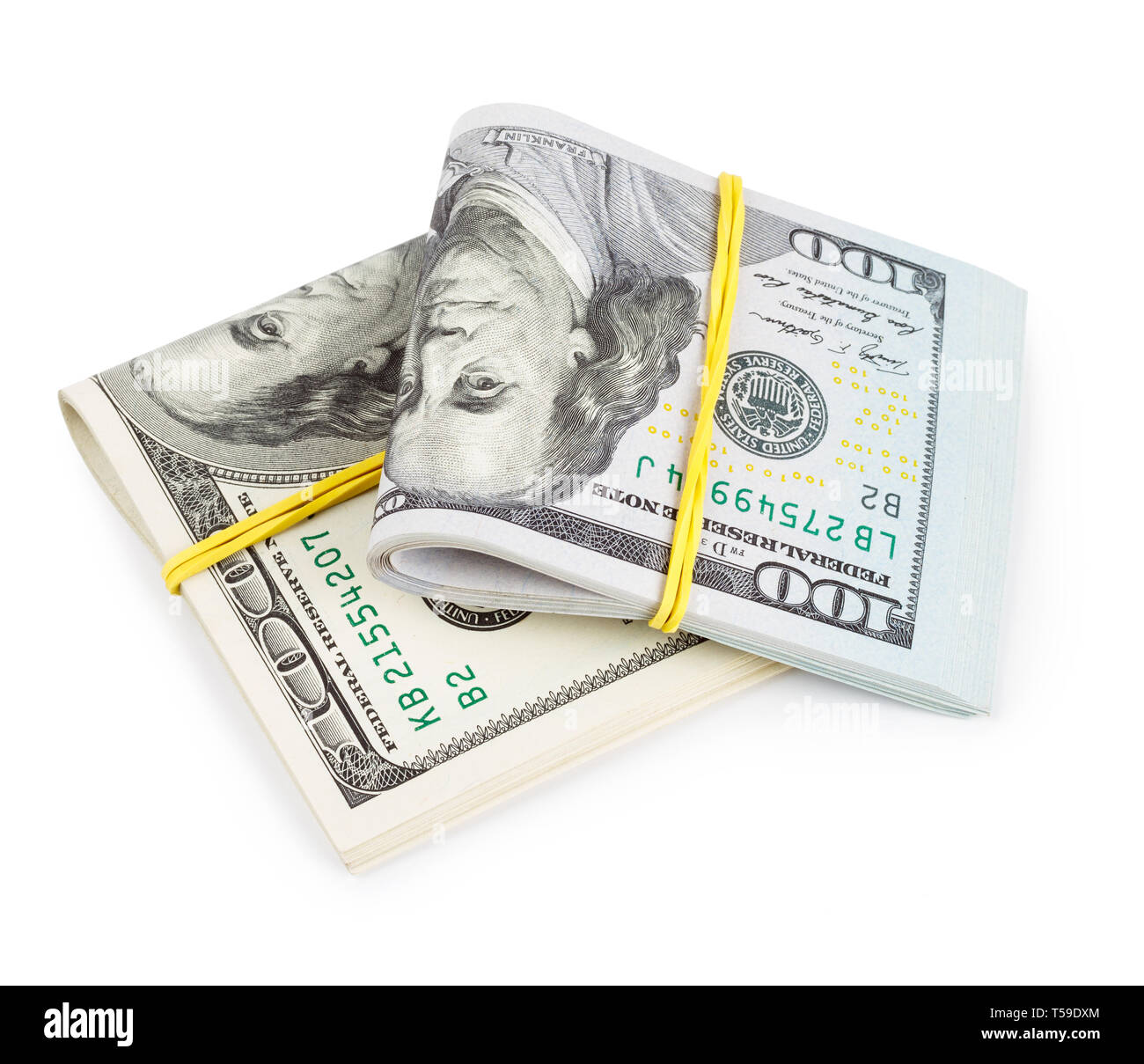 Hundred Dollar bills folded and tied with rubber band isolated Stock ...