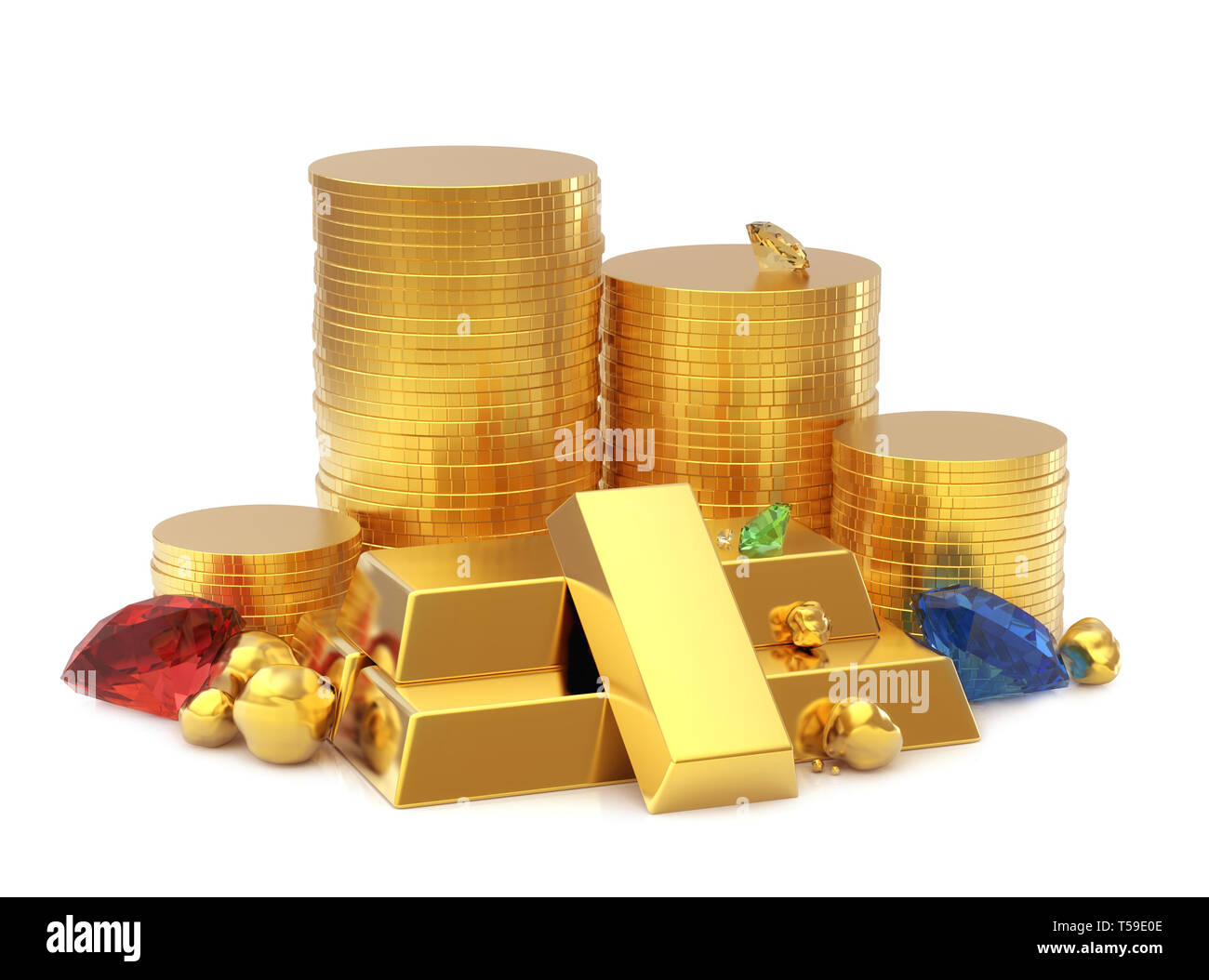 Golden coins and bar with ruby, sapphire and diamond gems and gold ...