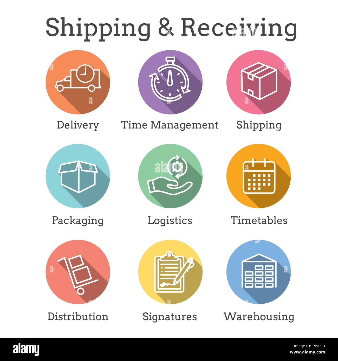 Shipping and Receiving Icon Set w Boxes, Warehouse, checklist, etc ...