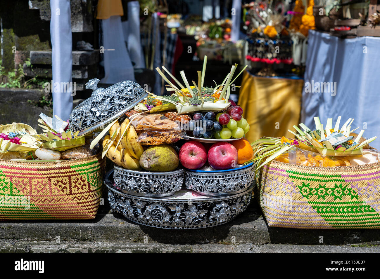 Fruits for balinese hindu offering ceremony on central street in Ubud ...