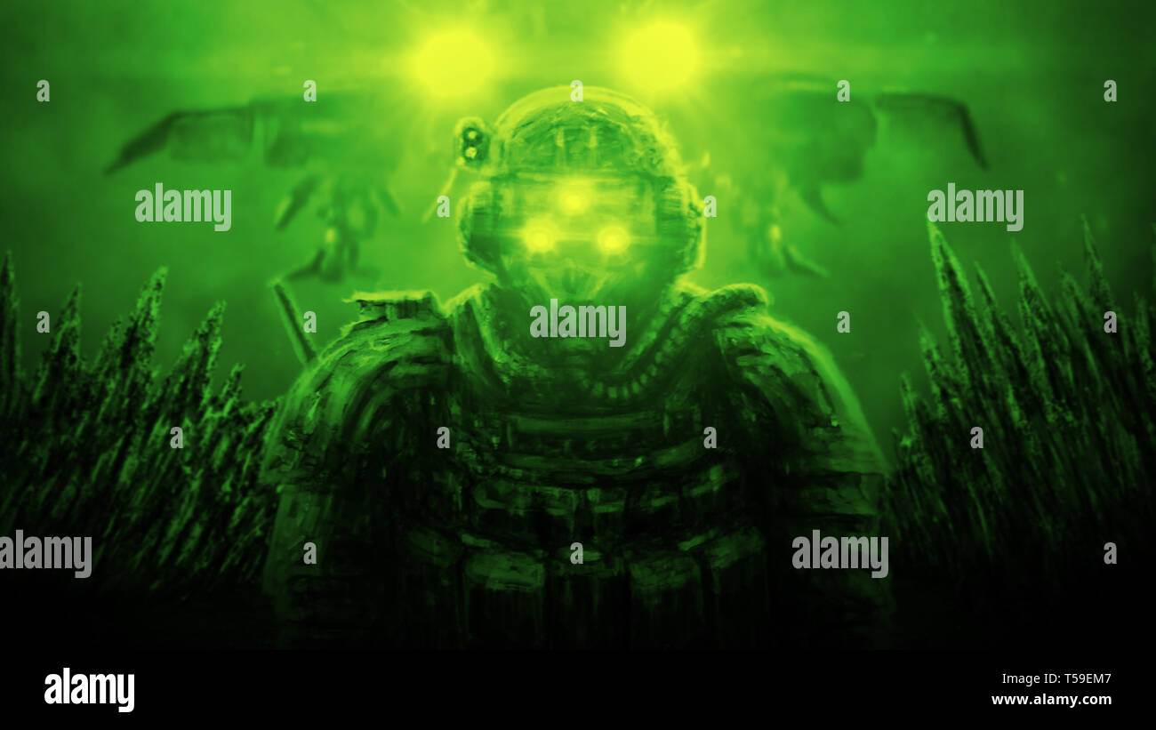 Soldier stands against backdrop of spaceship landing on an alien planet ...