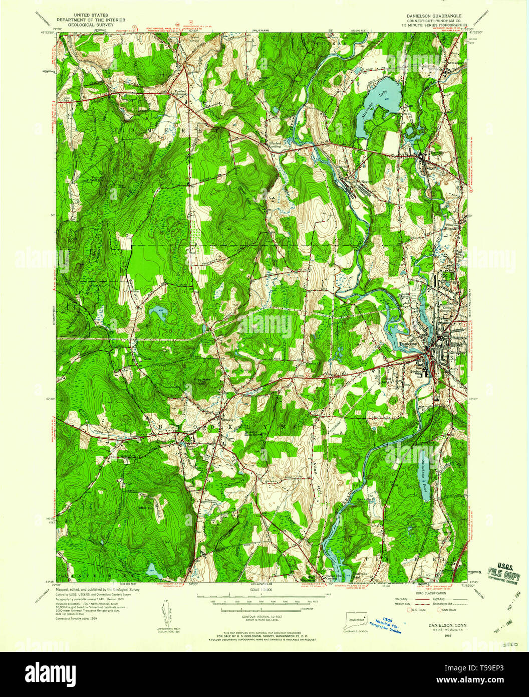 USGS TOPO Map Connecticut CT Danielson 330522 1955 24000 Restoration ...