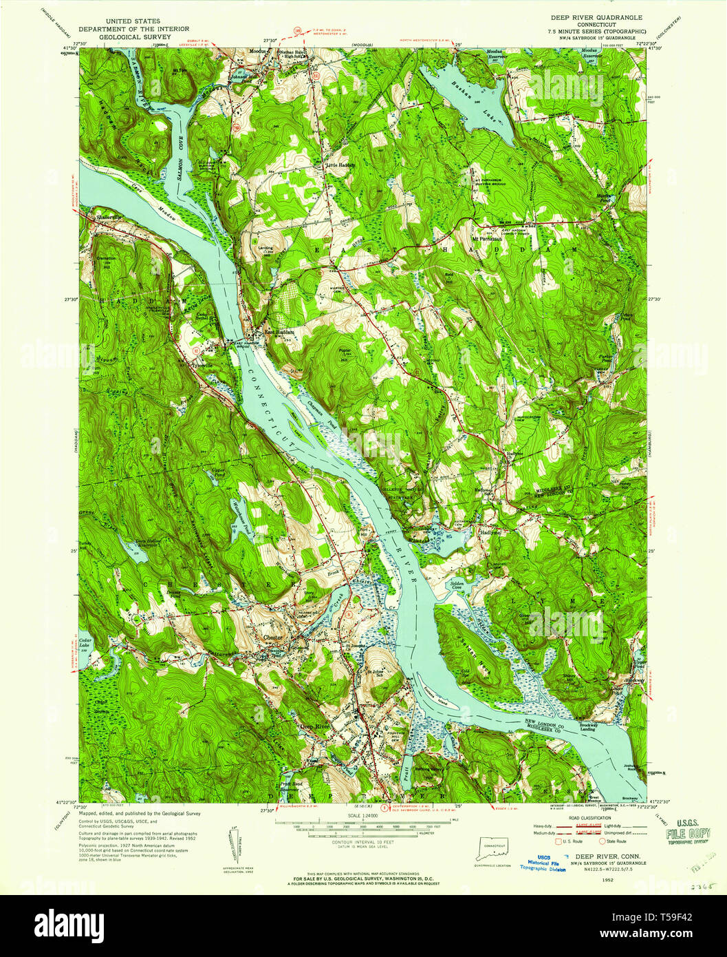 USGS TOPO Map Connecticut CT Deep River 330527 1952 24000 Restoration ...