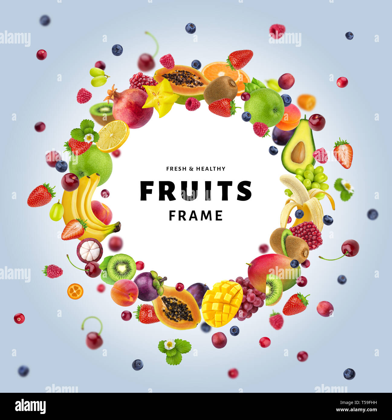 Fruits isolated on white background, round frame made of different ...